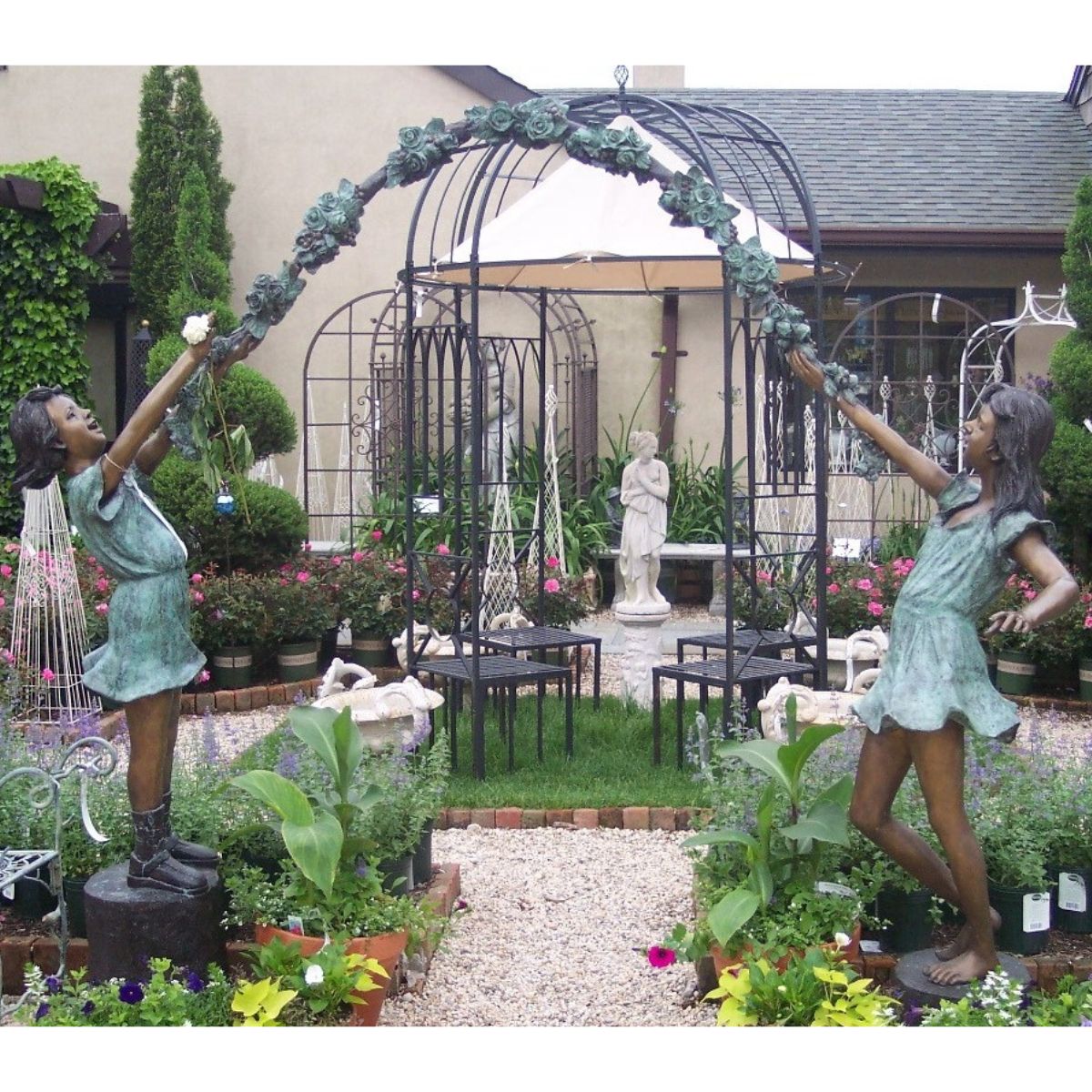 Children's Bronze Garden Statue of Two Girls with a Flower Arbor ...