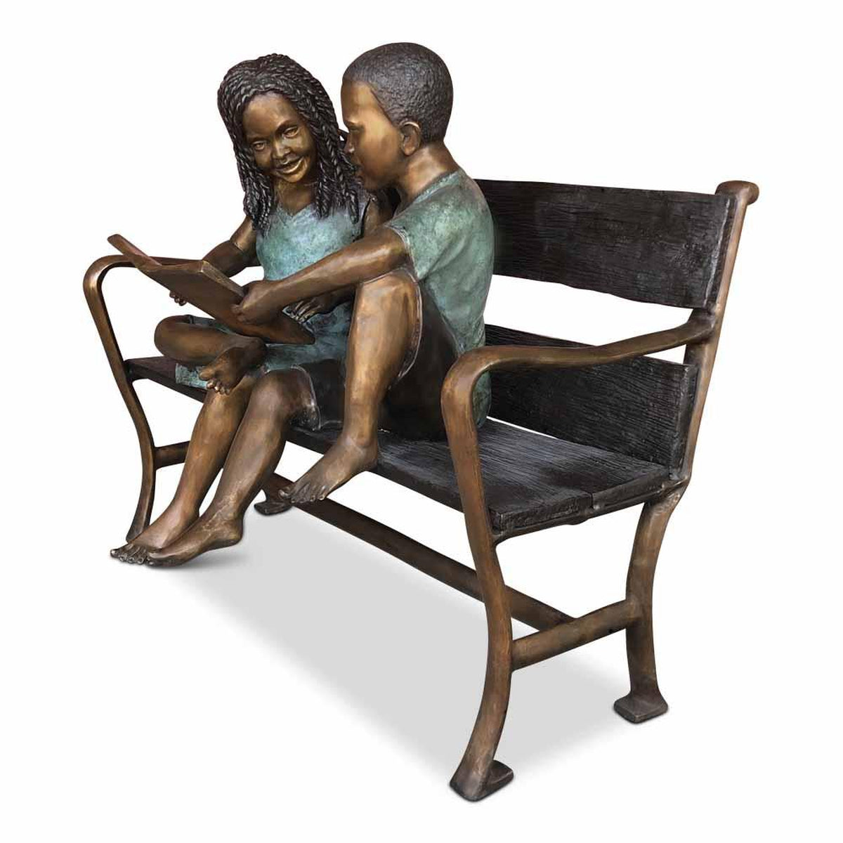 Bronze Bench Statue with Two African American Kids Sitting and Reading ...